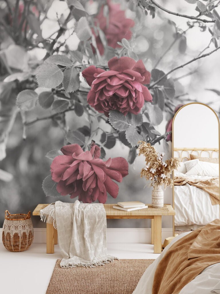 Greyscaled Red Flowers Wallpaper, Moody and Dramatic Peel and Stick ...