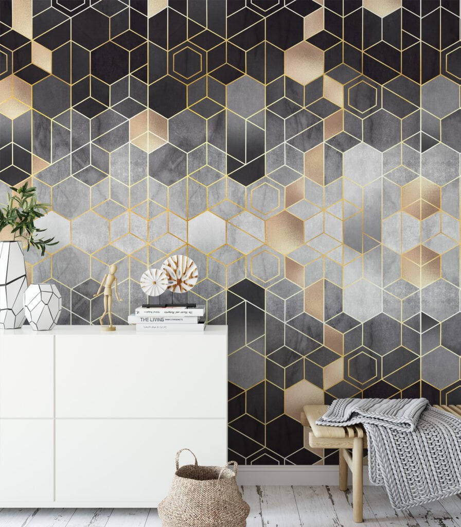 Geometric Black and Gold Hexagon Wallpaper - A Sophisticated Addition ...