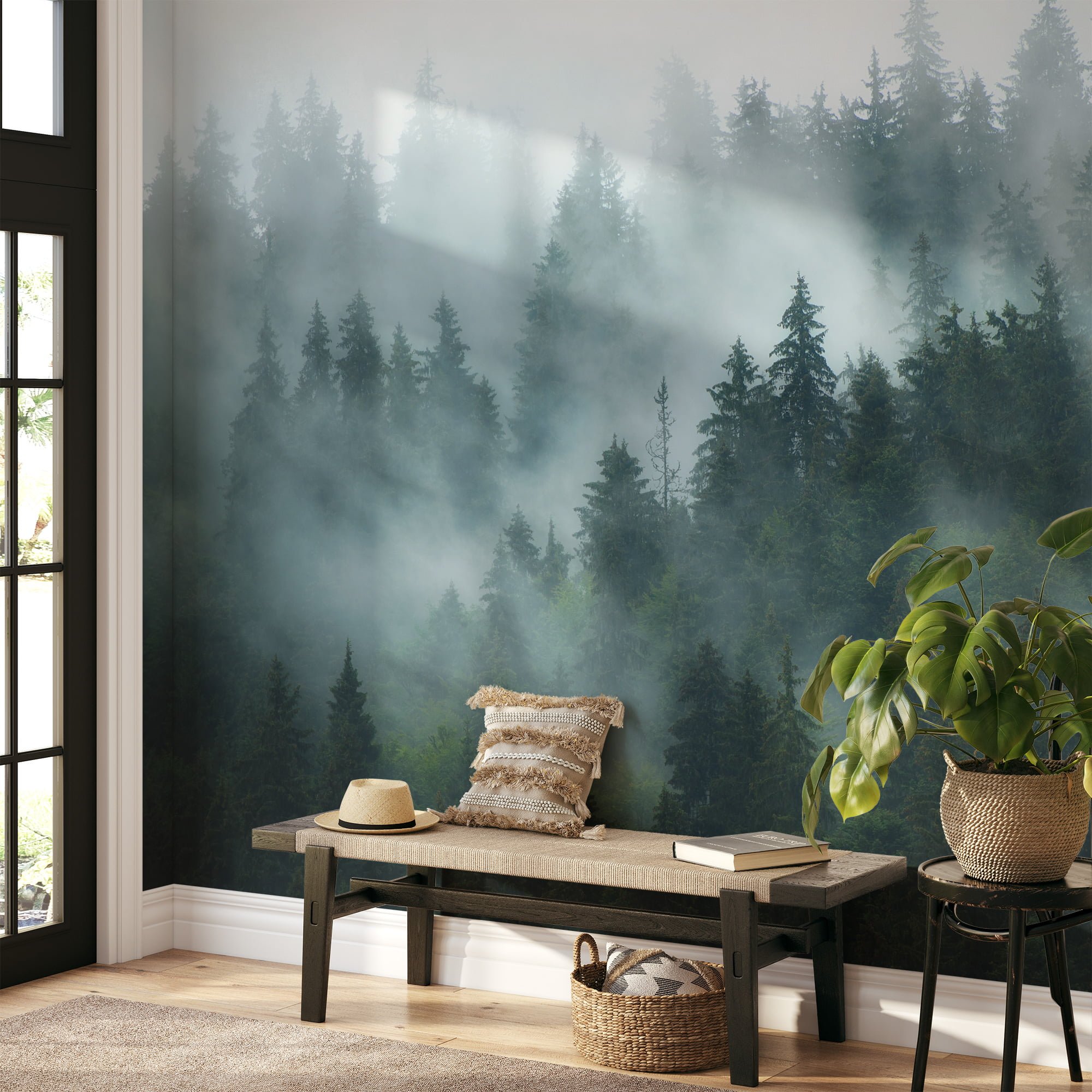 Elegant Misty Green Jungle Wallcovering with Lush Palm Trees and Forest ...