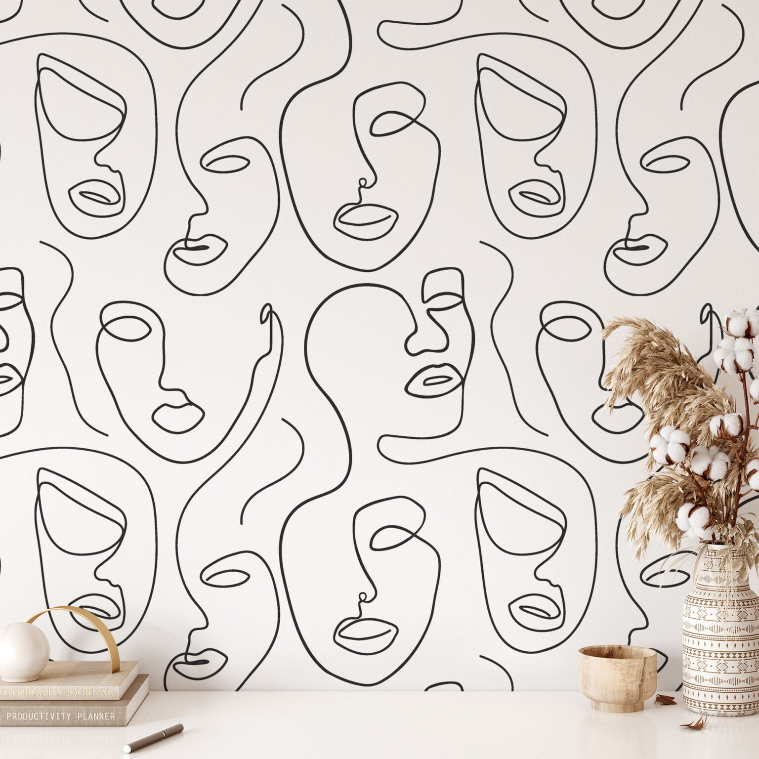 Abstract Human Faces Line Art Pattern Illustration Wallpaper ...