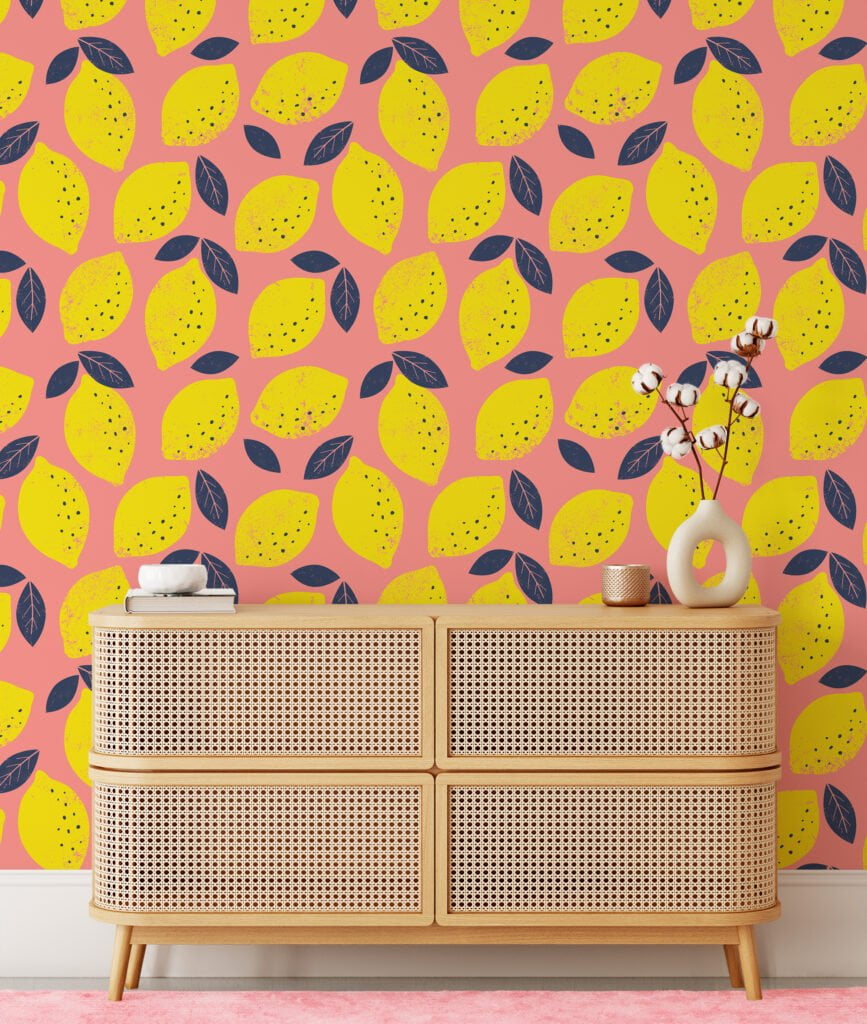 Retro Flat Art Large Lemons With Pink BackGround Wallpaper, Zesty Lemon ...