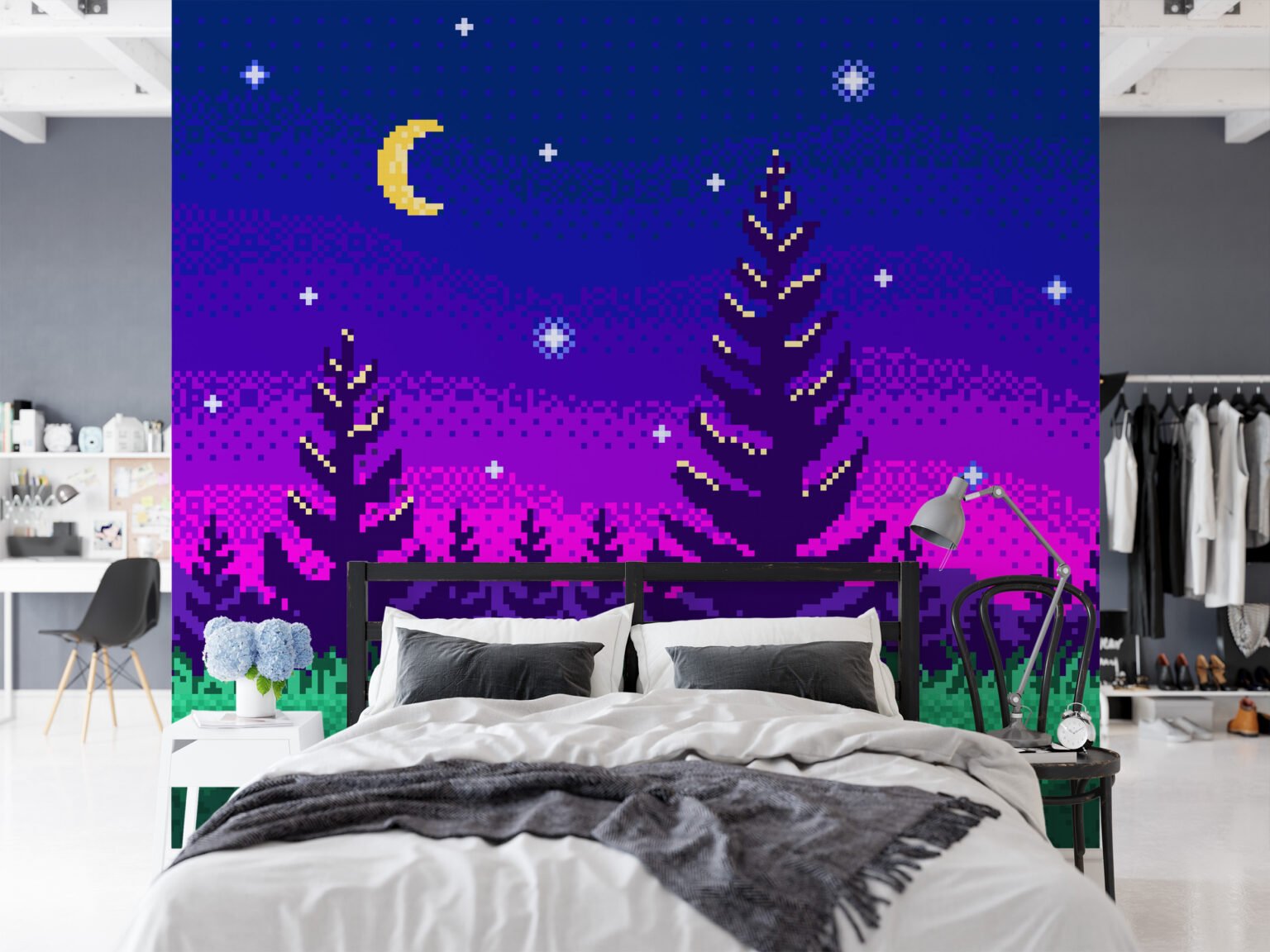 Pixel Art Night Trees With Purple Gradient Background Wallpaper ...