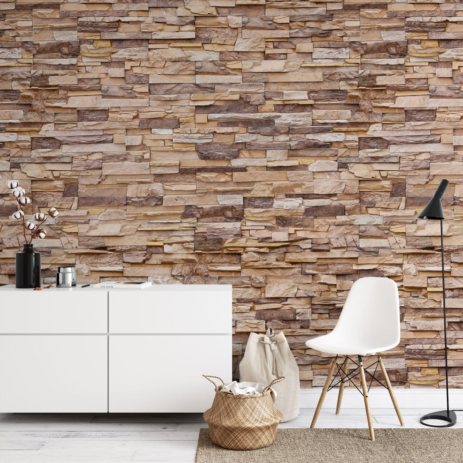 Stone Brick Wall Wallpaper, Neutral Textured Stone Cladding Peel ...