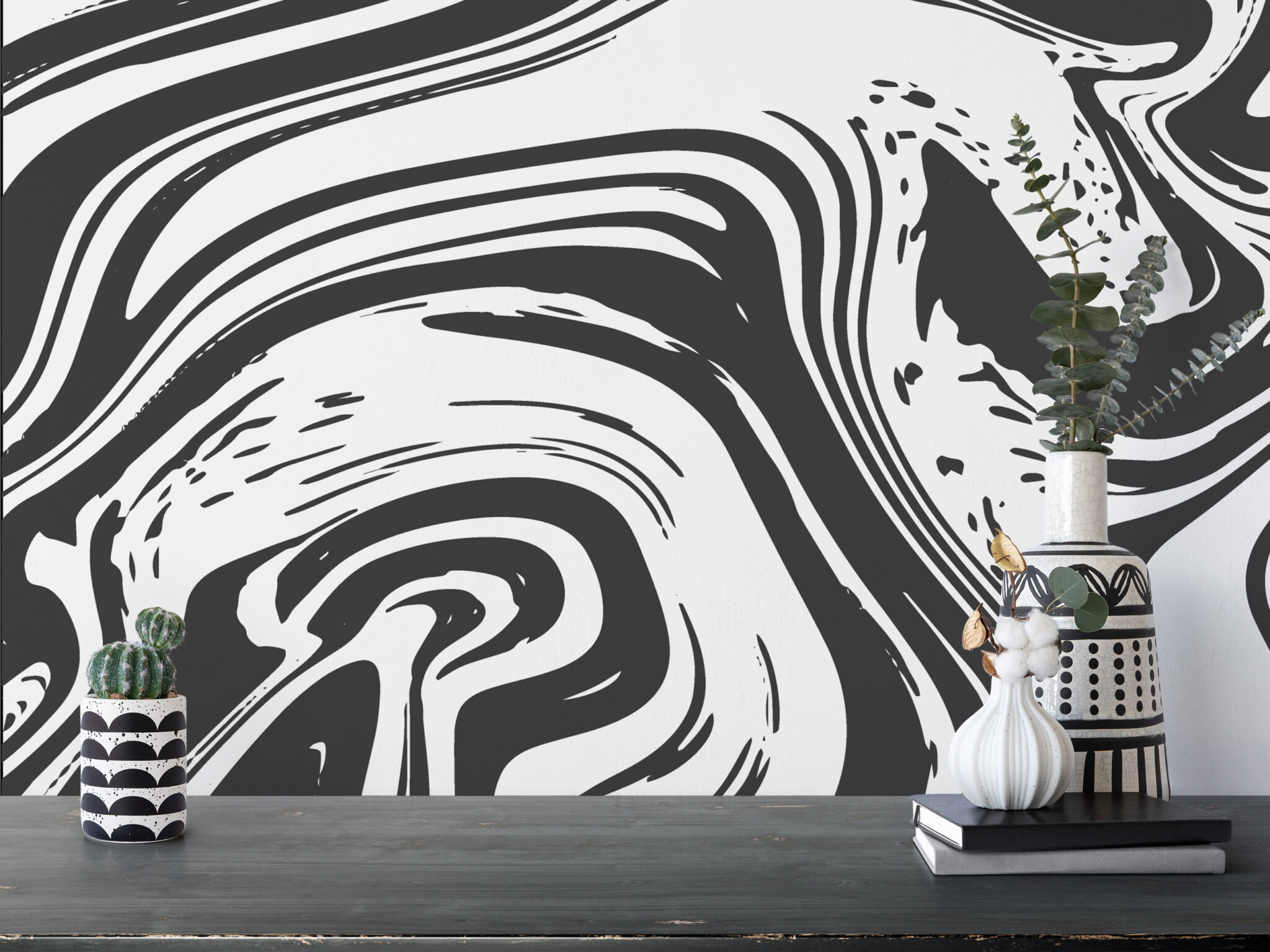 Dark Grey And White Swirl Design Wallpaper, Monochrome Marble Swirl ...