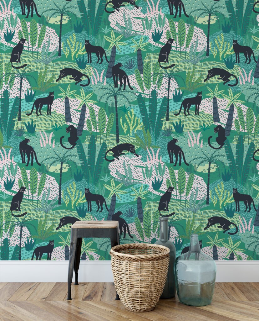 Flat Art Tropical Jungle With Panthers Illustration Wallpaper, Jungle ...