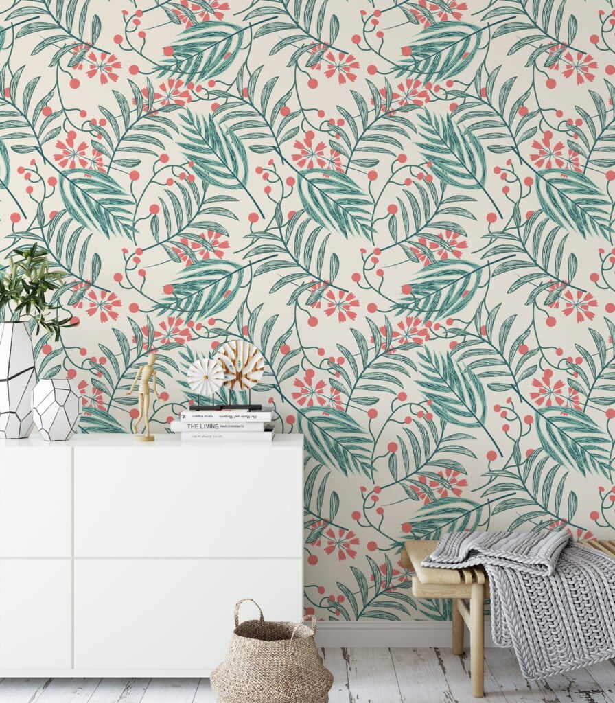 Abstract Large Line Art Leaves With Flowers Illustration Wallpaper ...