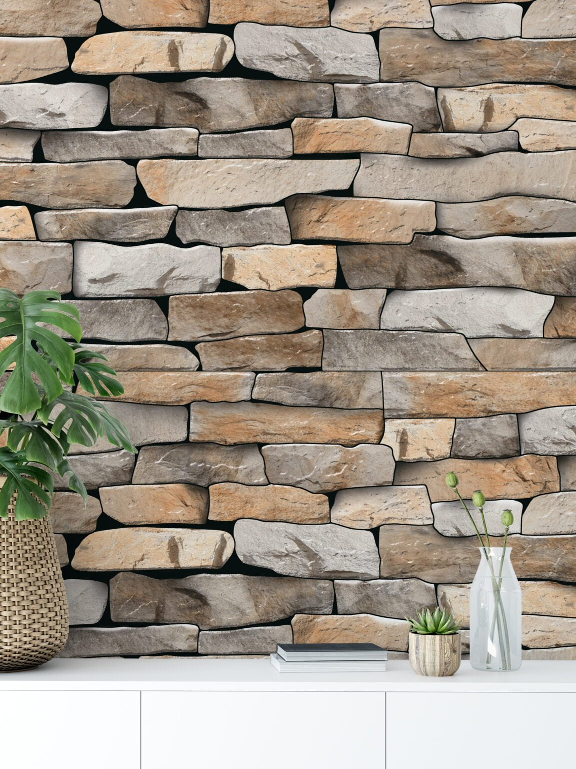 Rustic Style Stone Brick Wall Wallpaper, Natural Stacked Stone Peel ...