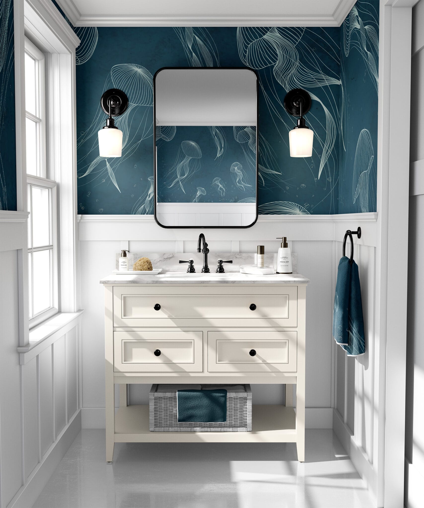 Elegant Navy Blue Jellyfish Line Art Peel and Stick Wallpaper ...