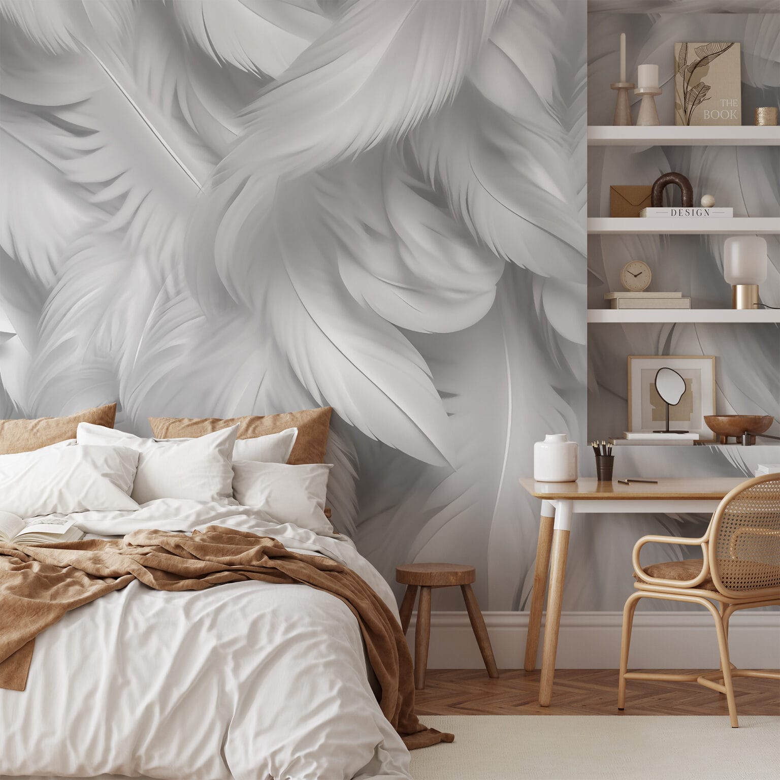 3D Soft White Feather Peel and Stick Wallpaper, Ethereal Large Scale ...