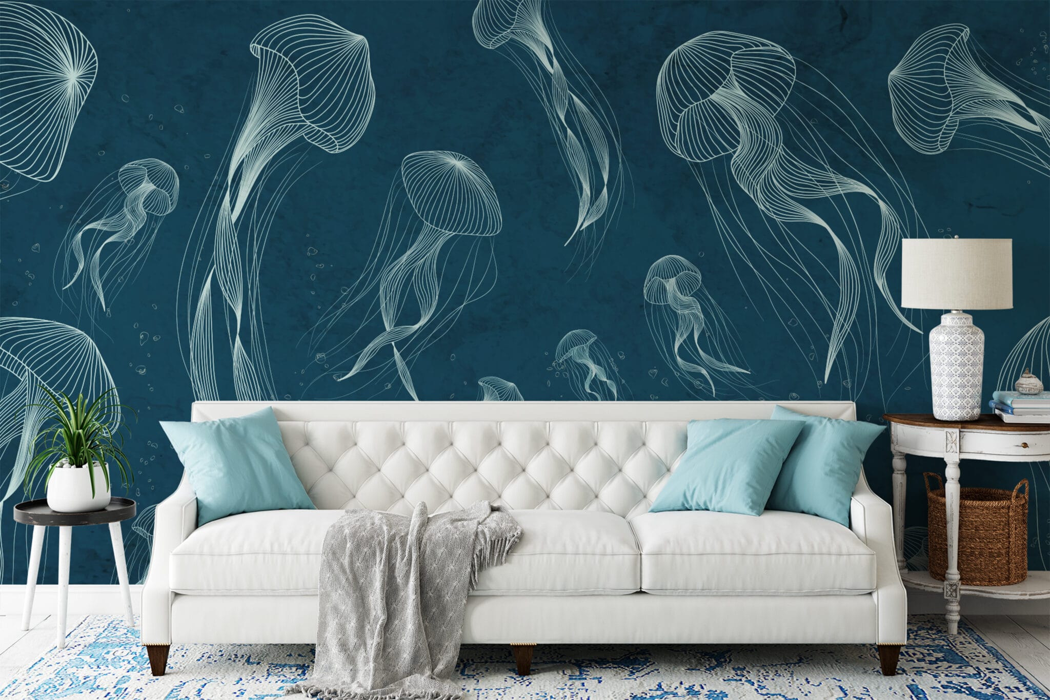 Elegant Navy Blue Jellyfish Line Art Peel and Stick Wallpaper ...