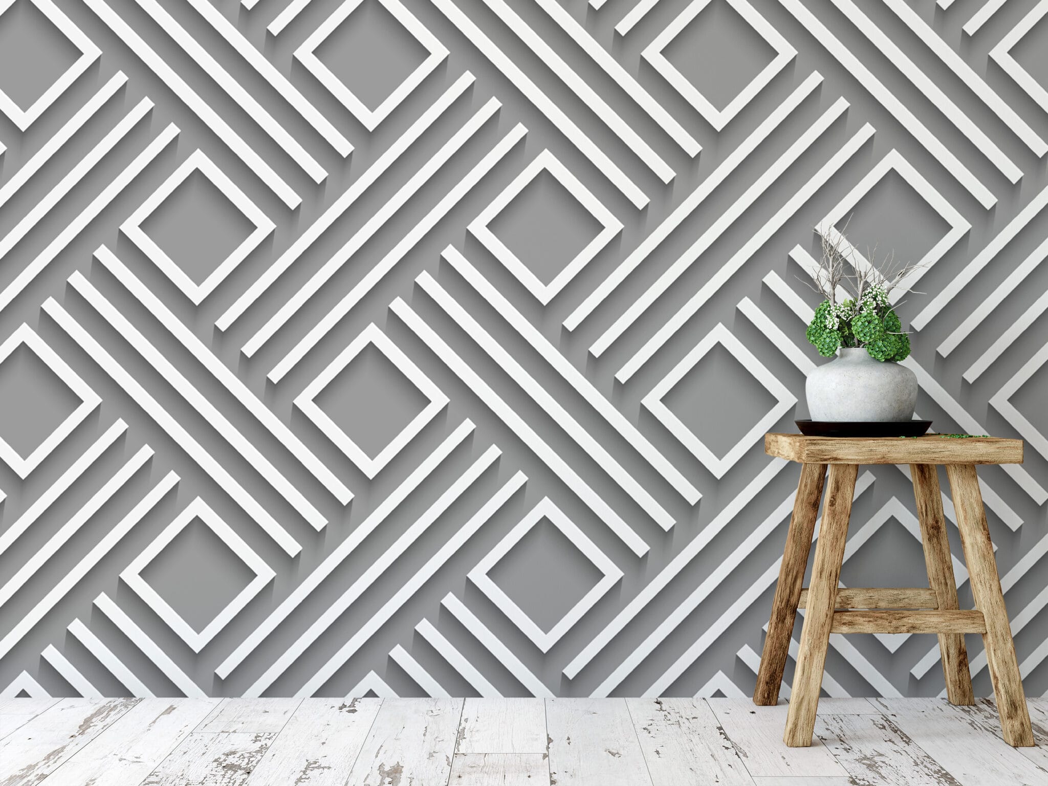 3D Grey Geometric Square Peel and Stick Wallpaper, Modern Interlocking ...
