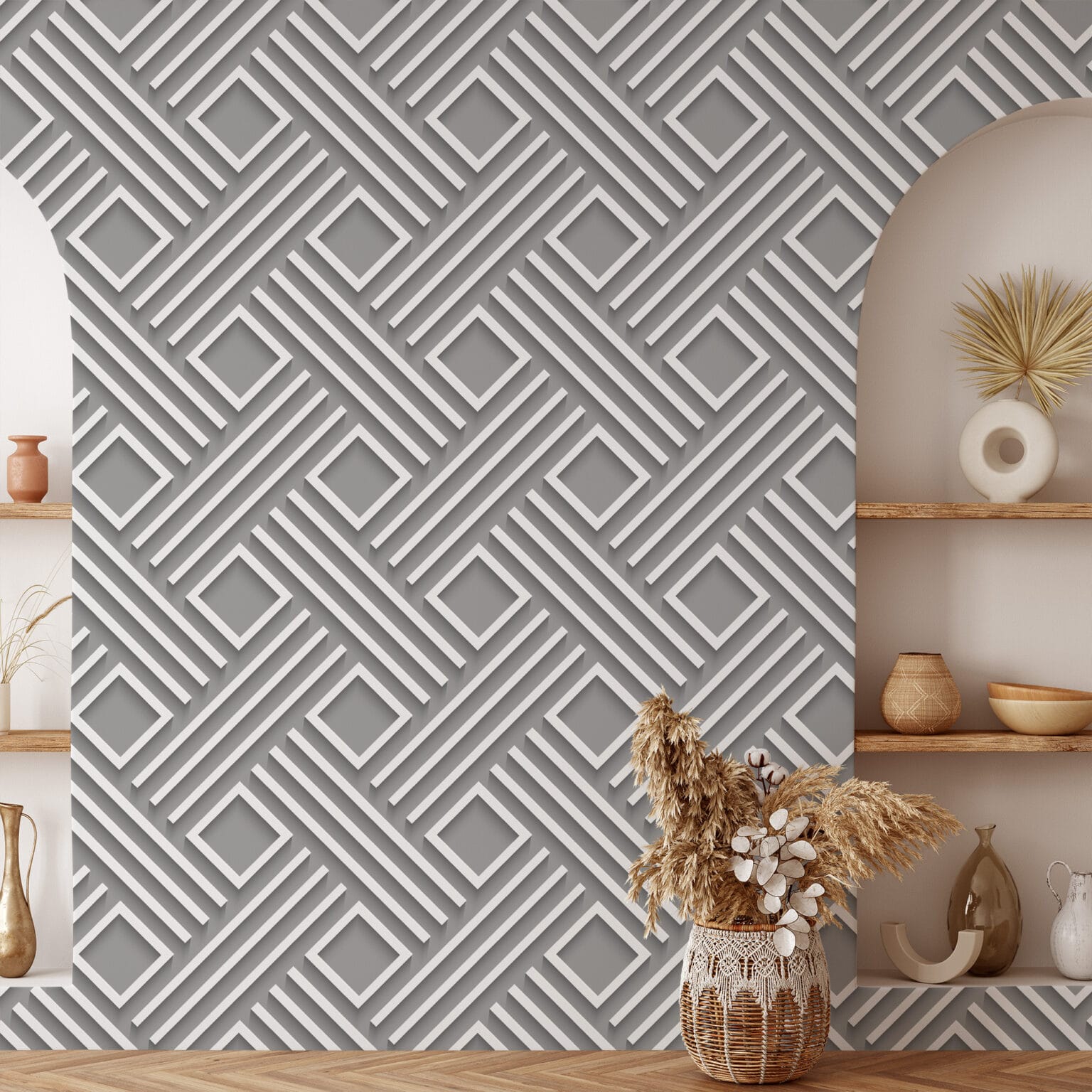 3D Grey Geometric Square Peel and Stick Wallpaper, Modern Interlocking ...