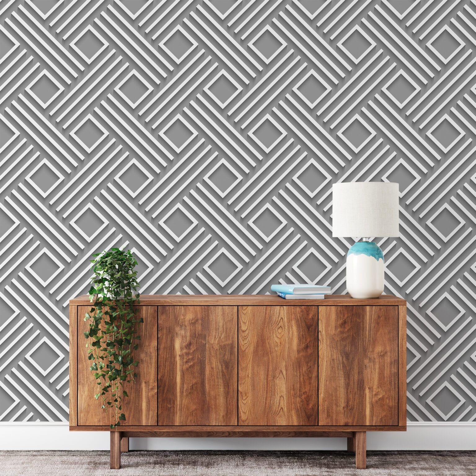 3D Grey Geometric Square Peel and Stick Wallpaper, Modern Interlocking ...
