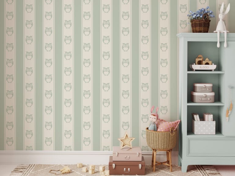 Minimalist Sage Green Owl and Vertical Stripes Kids Peel and Stick ...