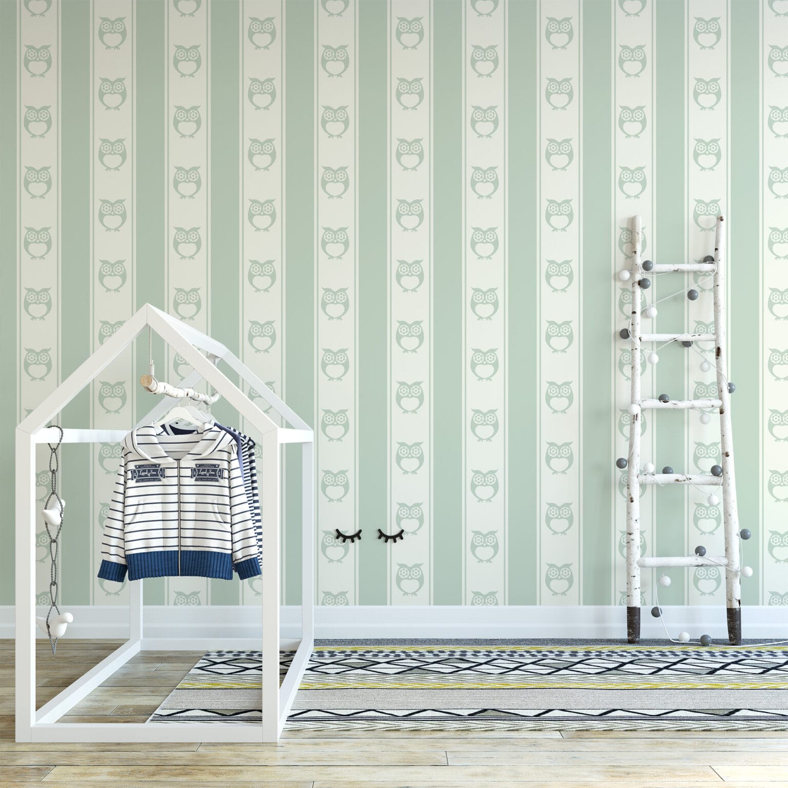 Minimalist Sage Green Owl and Vertical Stripes Kids Peel and Stick ...