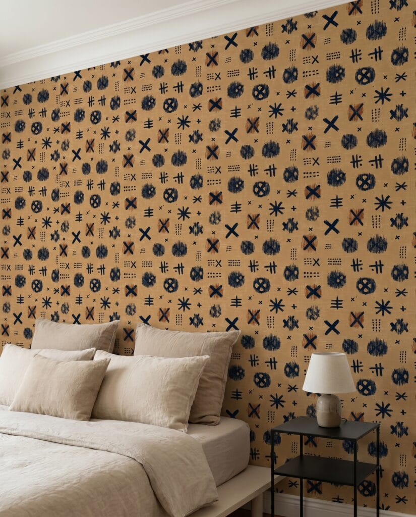 Abstract Tribal Markings Wallpaper in Tan and Black, Rustic Hand-Drawn ...